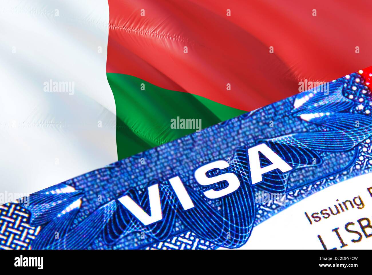 Madagascar visa stamp in passport with text VISA. passport traveling ...