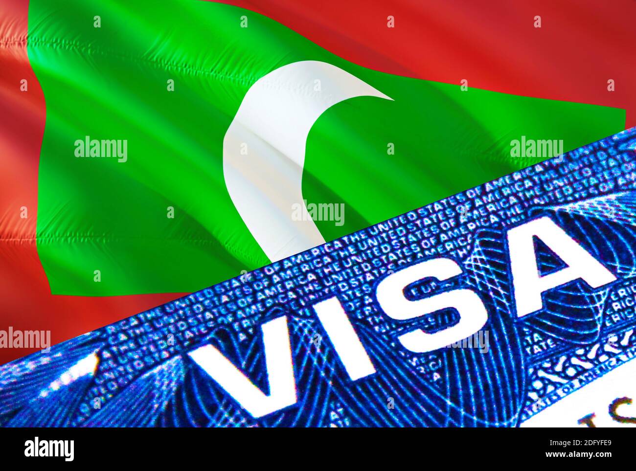 Maldives visa document close up. Passport visa on Maldives flag ...