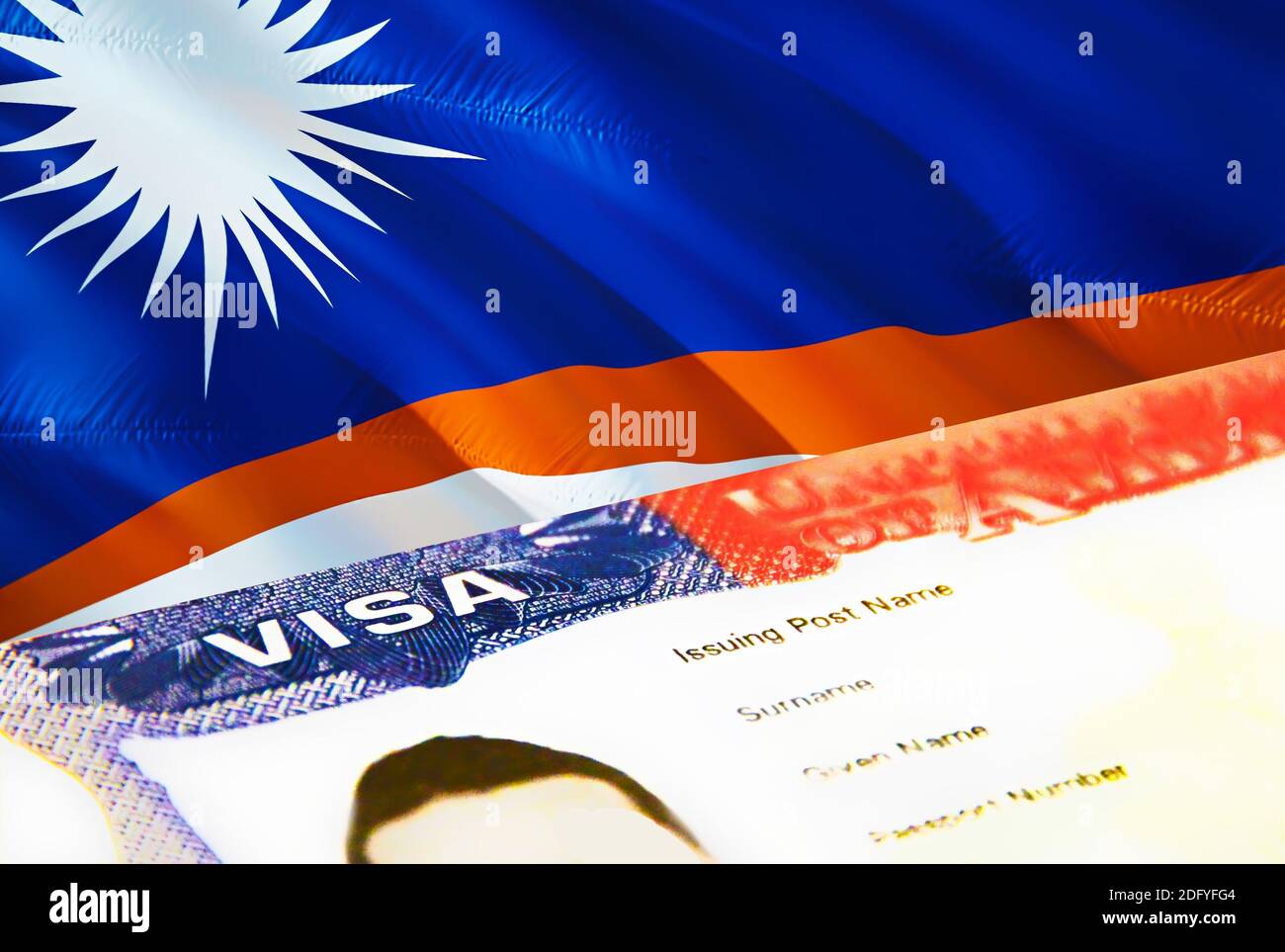 Marshall Islands immigration document close up. Passport visa on ...