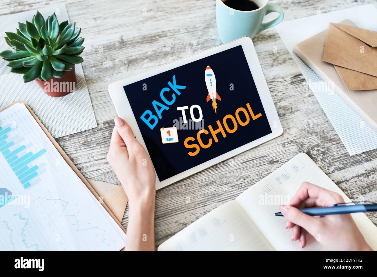 Back to school text on screen. Education and e-learning concept Stock ...
