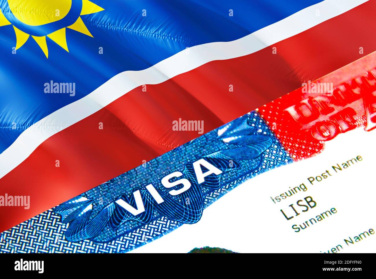 Namibia immigration visa. Closeup Visa to Namibia focusing on word VISA ...