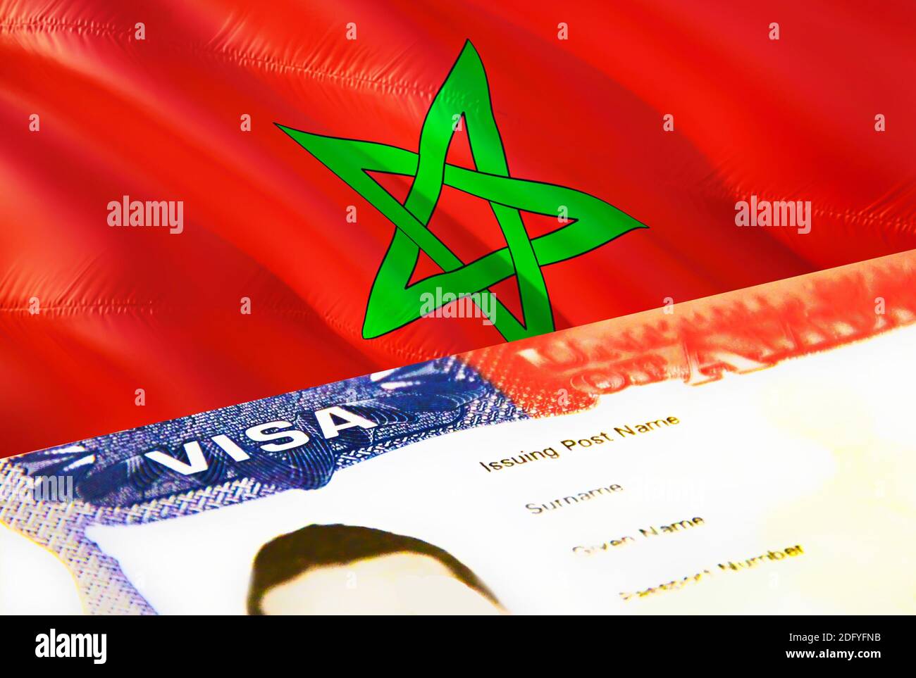 Morocco immigration document close up. Passport visa on Morocco flag ...