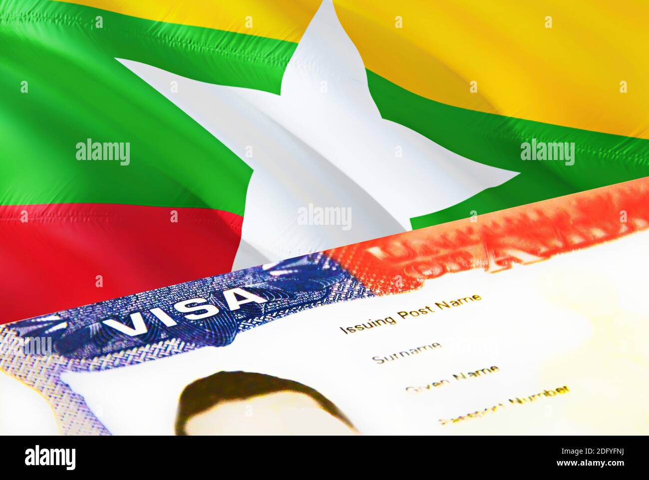 Myanmar immigration document close up. Passport visa on Myanmar flag ...