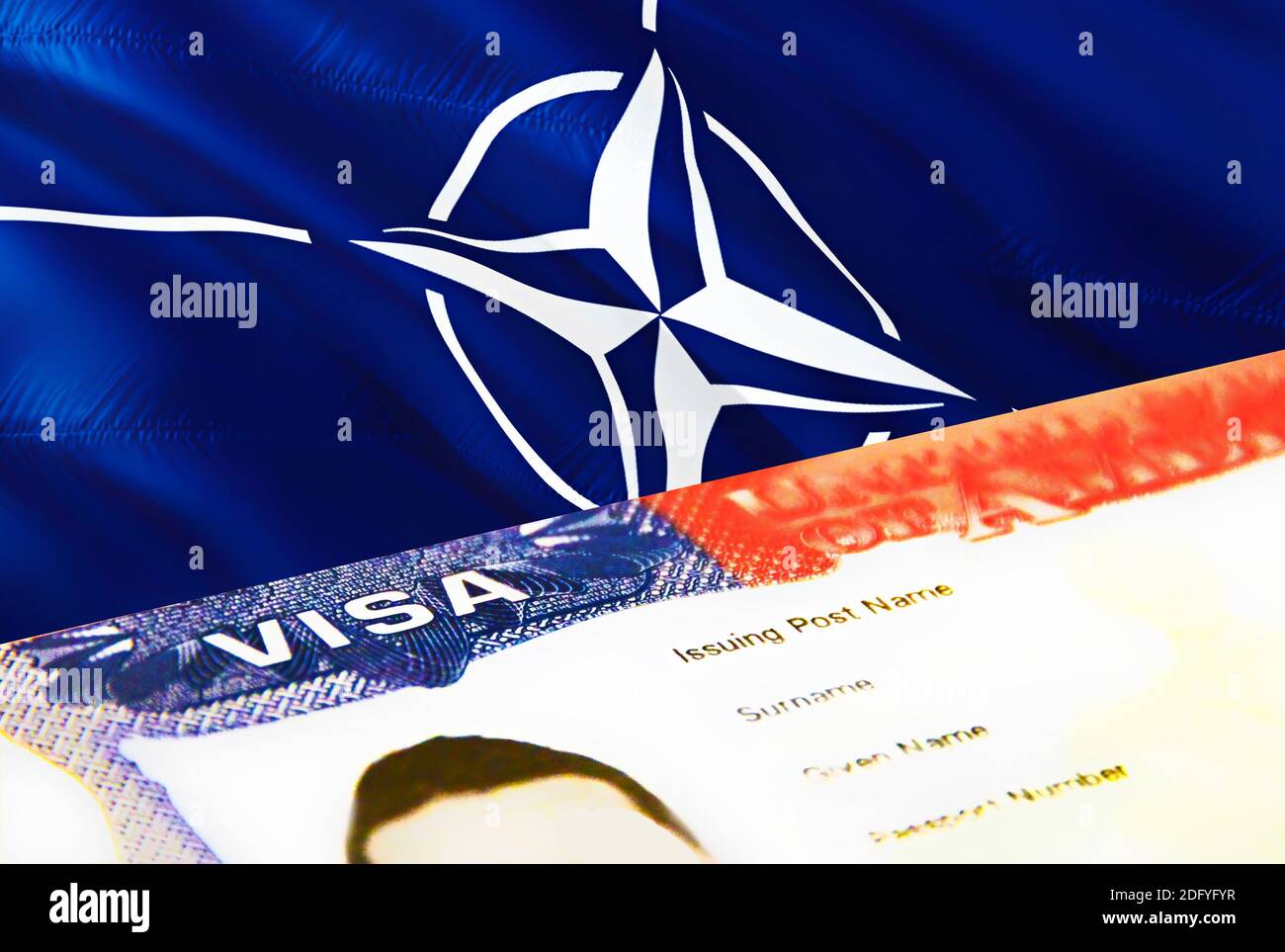 NATO immigration document close up. Passport visa on NATO flag. NATO ...