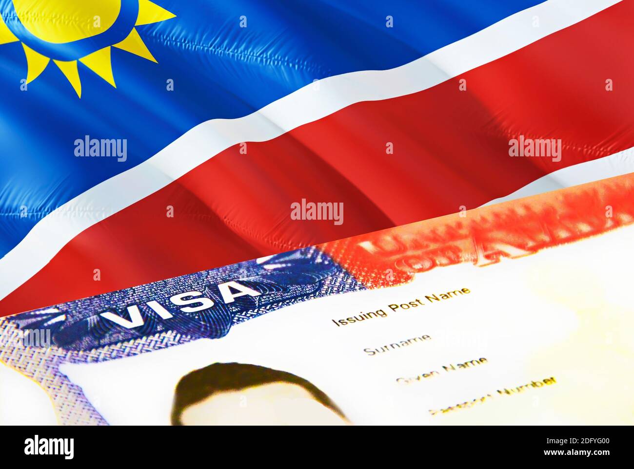 Namibia immigration document close up. Passport visa on Namibia flag ...