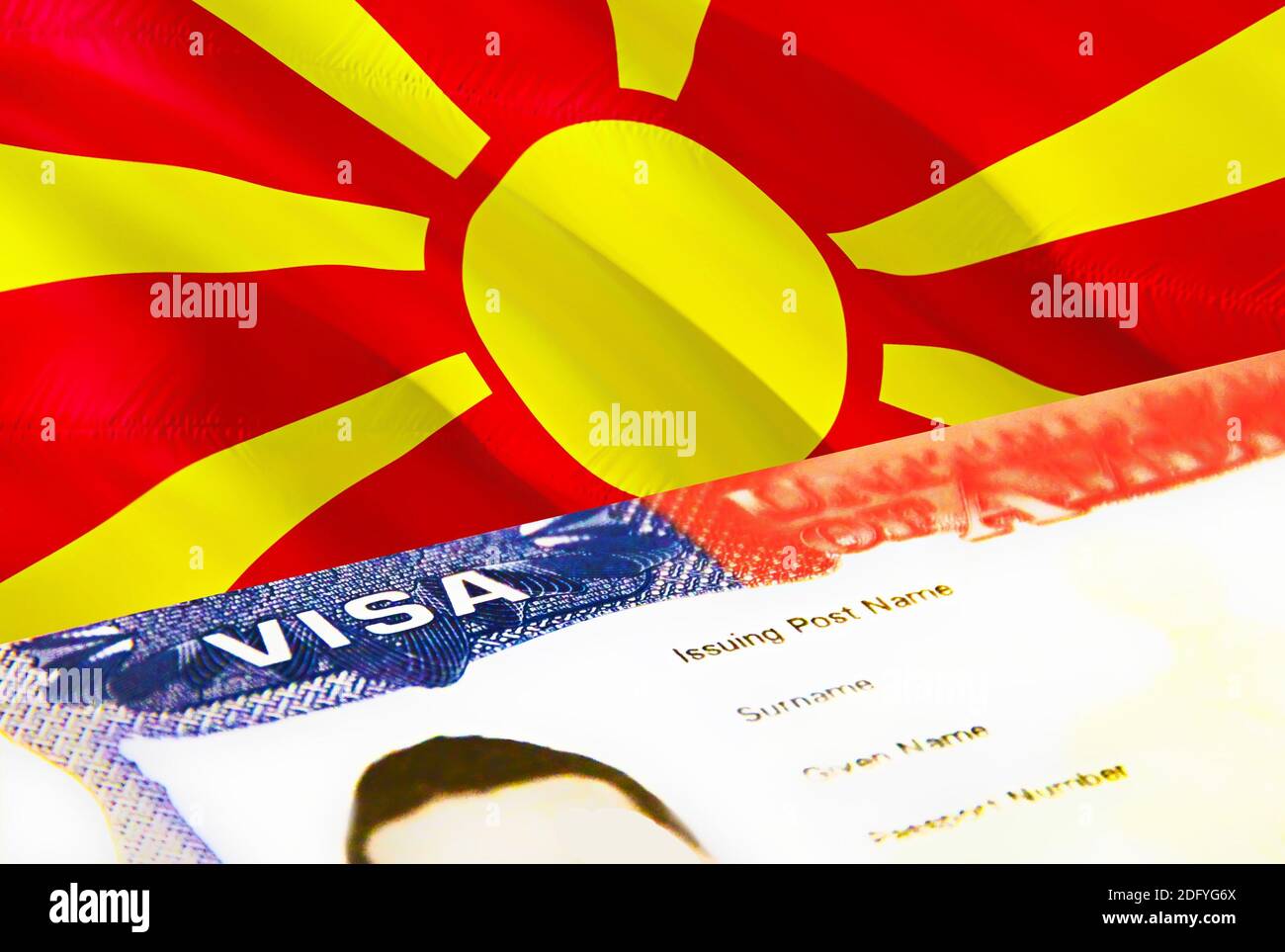 North Macedonia immigration document close up. Passport visa on North ...