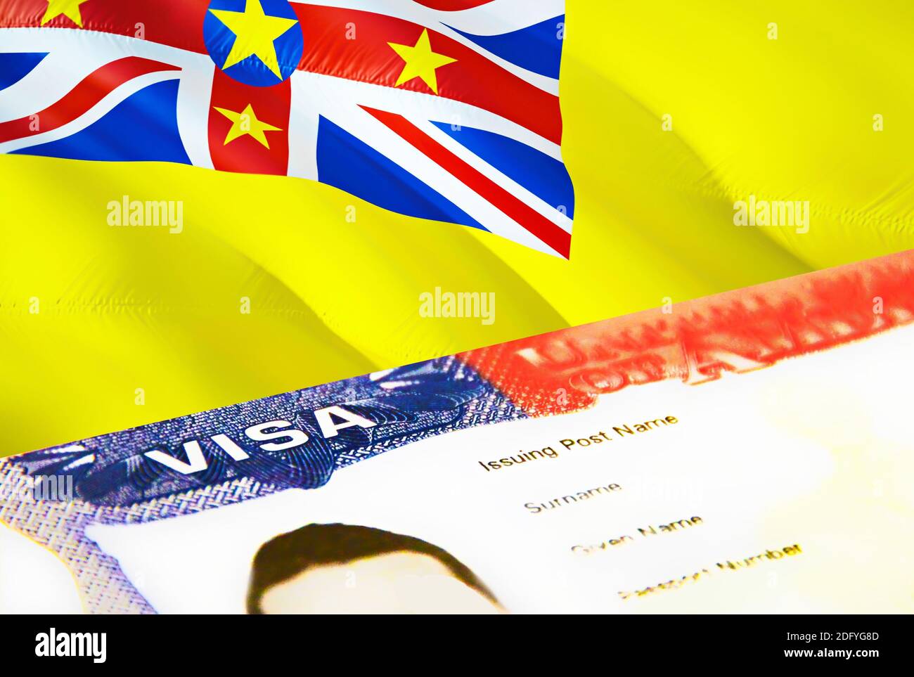 Niue immigration document close up. Passport visa on Niue flag. Niue ...