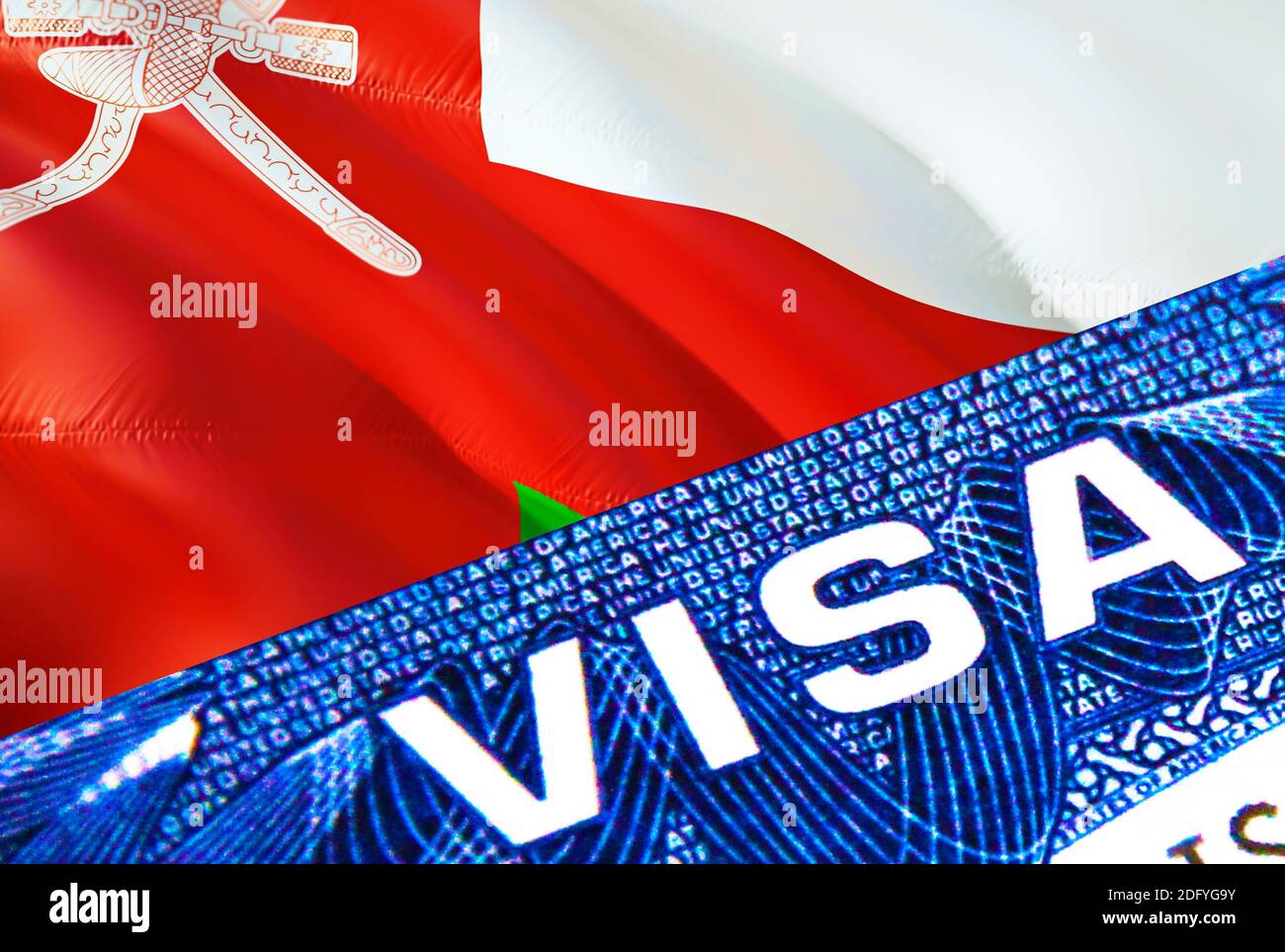 Oman visa document close up. Passport visa on Oman flag. Oman visitor ...