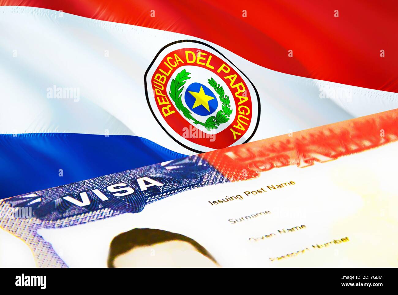 Paraguay immigration document close up. Passport visa on Paraguay flag ...