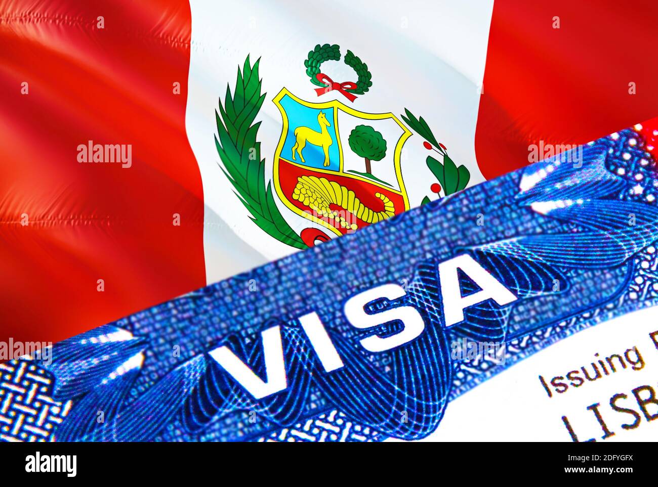 Peru visa stamp in passport with VISA text. Passport traveling abroad ...