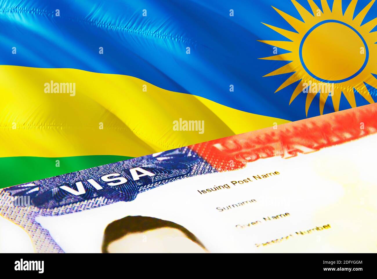 Rwanda immigration document close up. Passport visa on Rwanda flag ...