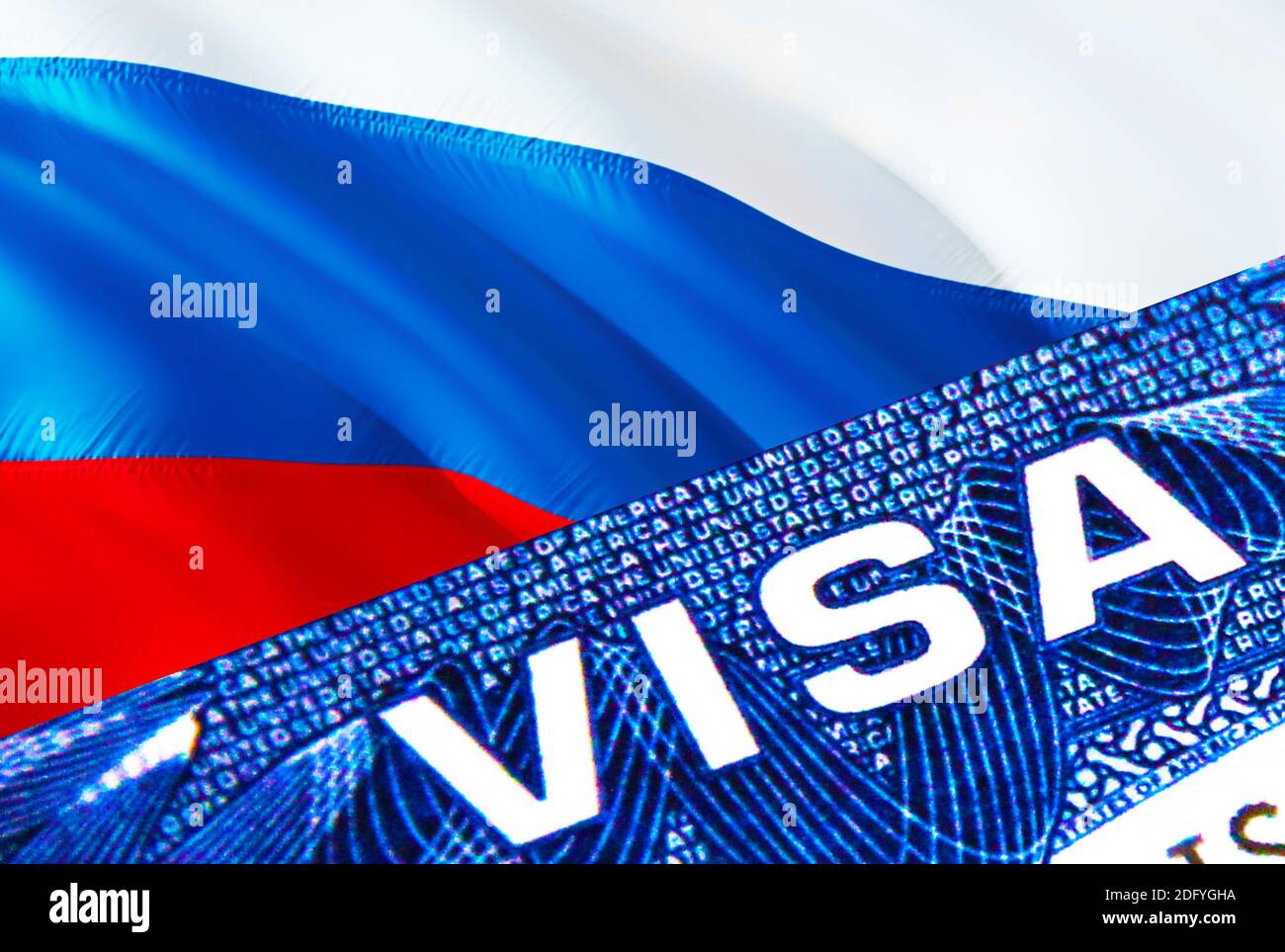 Russia visa document close up. Passport visa on Russia flag. Russia ...