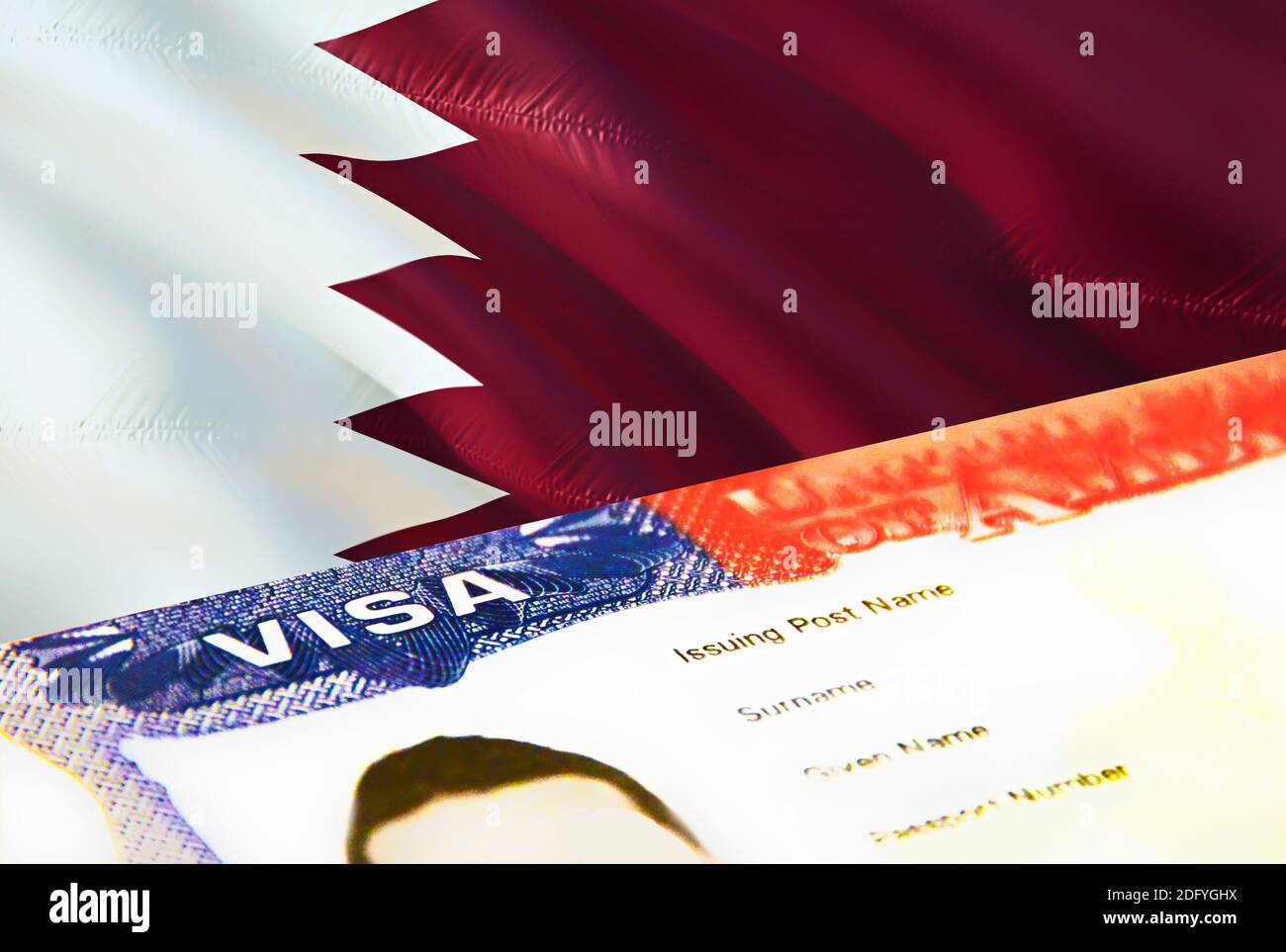 Qatar immigration document close up. Passport visa on Qatar flag. Qatar ...