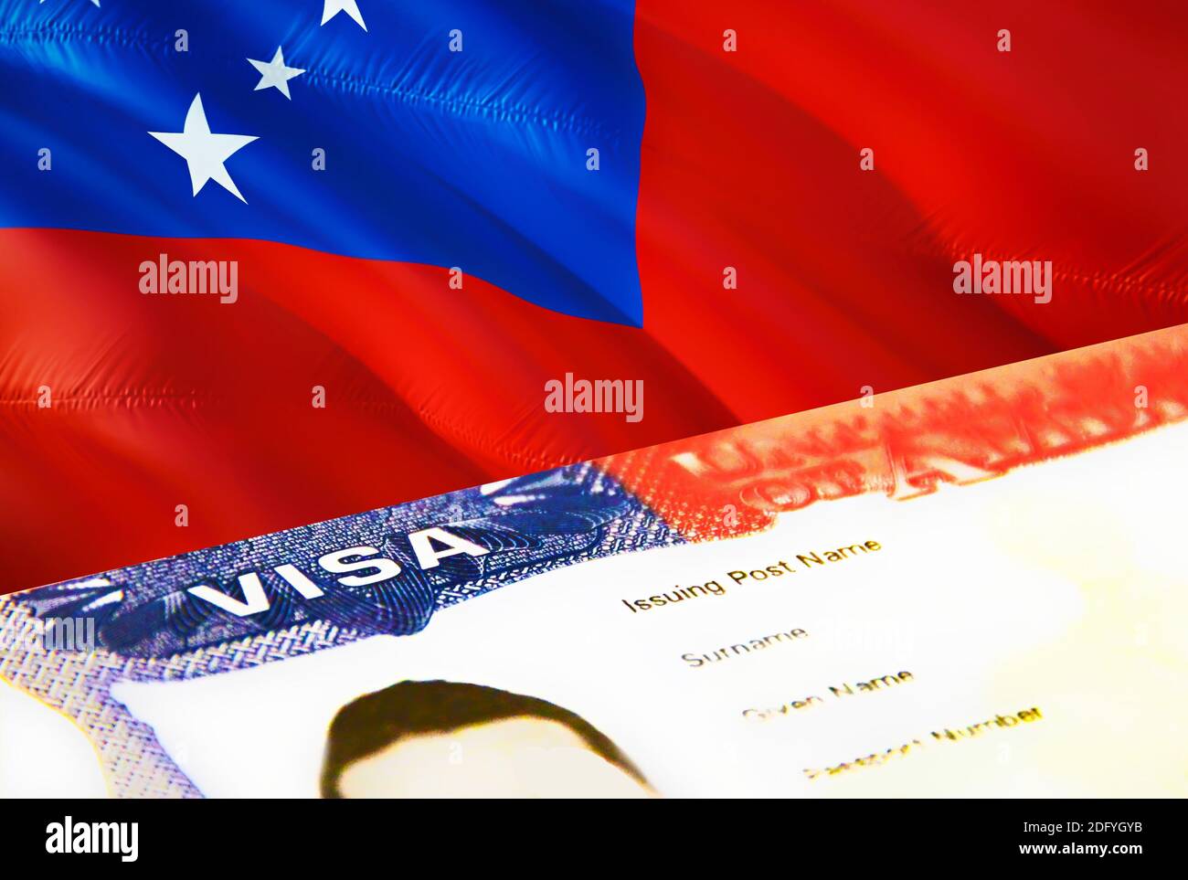 Samoa immigration document close up. Passport visa on Samoa flag. Samoa ...