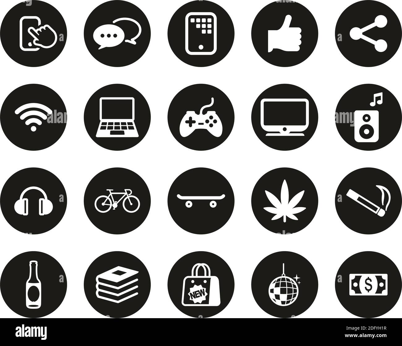 Teenager Icons White On Black Flat Design Circle Set Big Stock Vector ...
