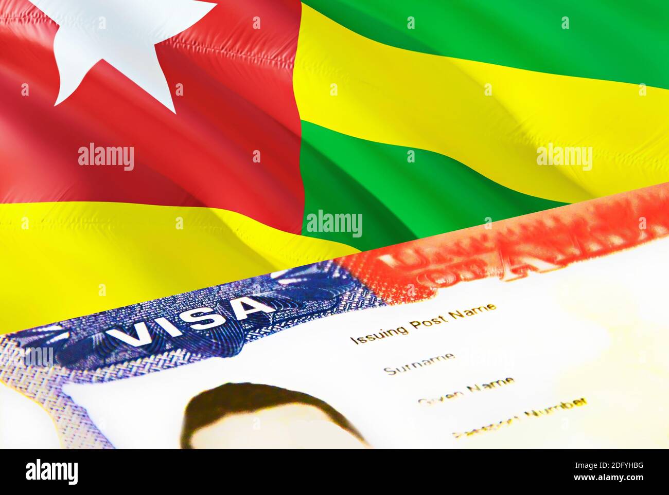 Togo immigration document close up. Passport visa on Togo flag. Togo ...