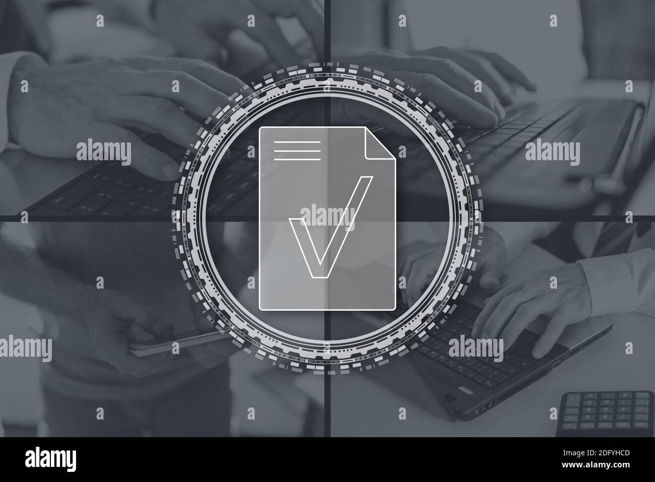 Document validation concept illustrated by pictures on background Stock ...