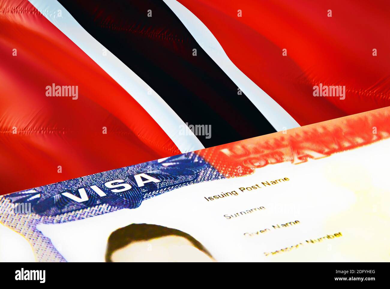 Trinidad and Tobago immigration document close up. Passport visa on ...