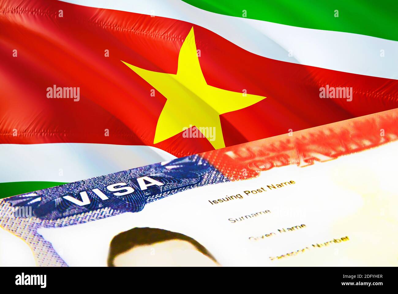 Suriname immigration document close up. Passport visa on Suriname flag ...