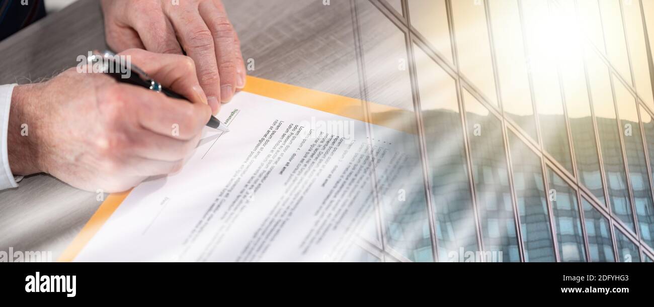 Hand of businessman signing a contract; multiple exposure Stock Photo ...