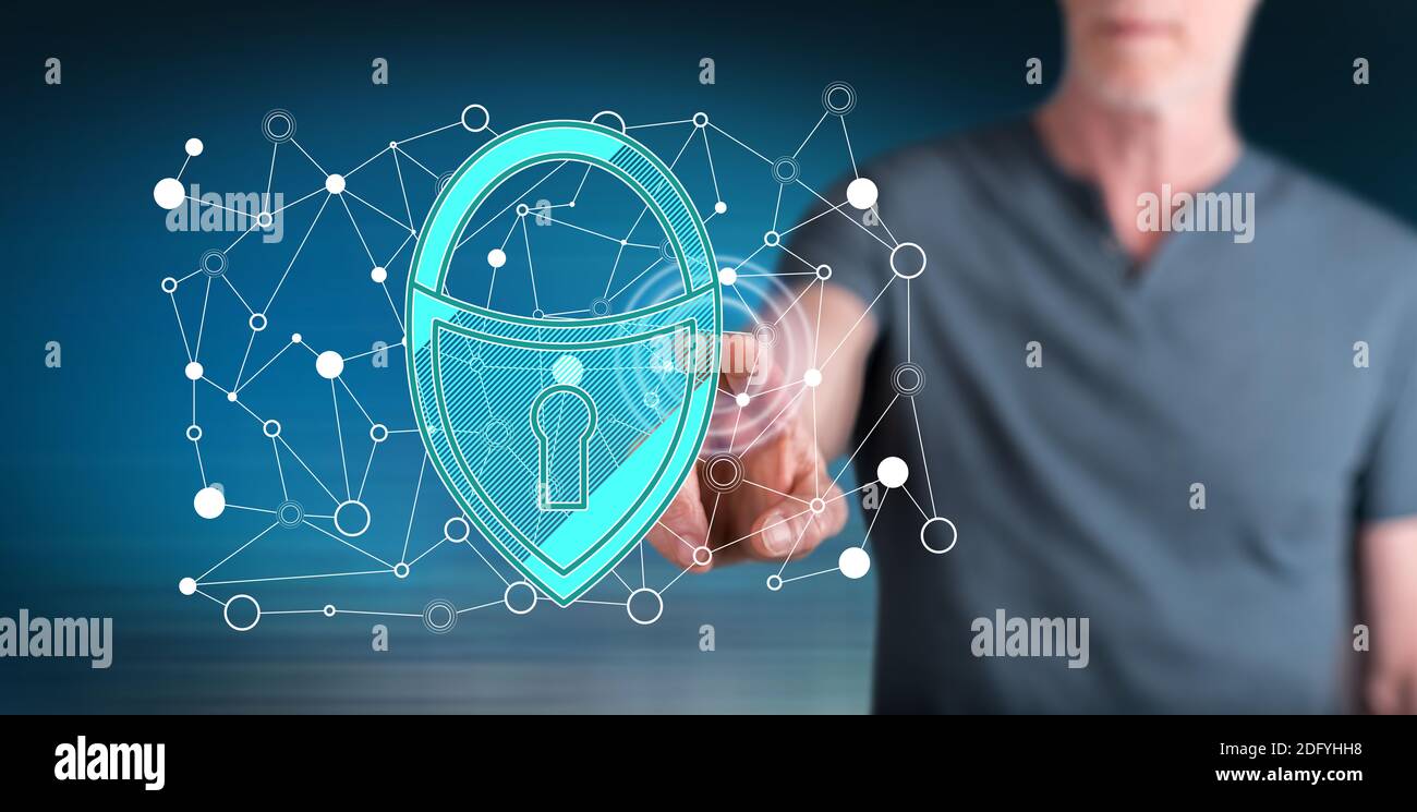 Man touching a network safety concept on a touch screen with his finger ...