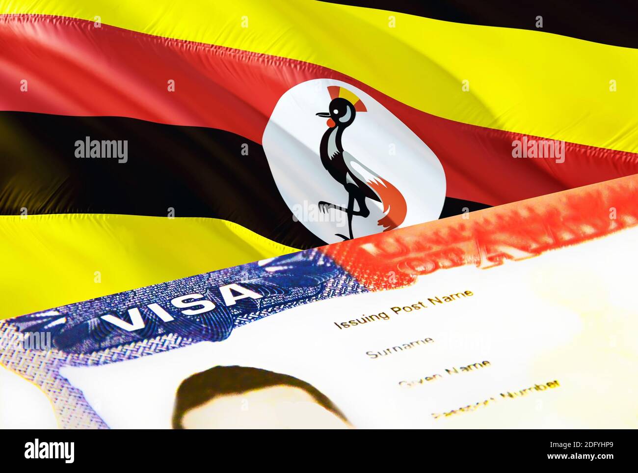 Uganda immigration document close up. Passport visa on Uganda flag ...