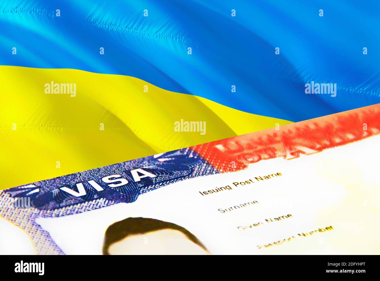 Ukraine immigration document close up. Passport visa on Ukraine flag ...