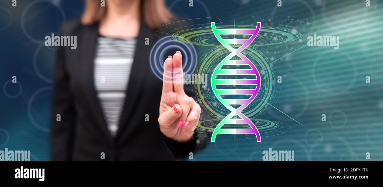 Woman touching a transhumanism concept on a touch screen with her ...