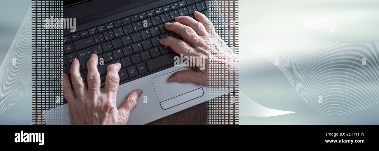 Old woman hands typing on a laptop keyboard. panoramic banner Stock ...