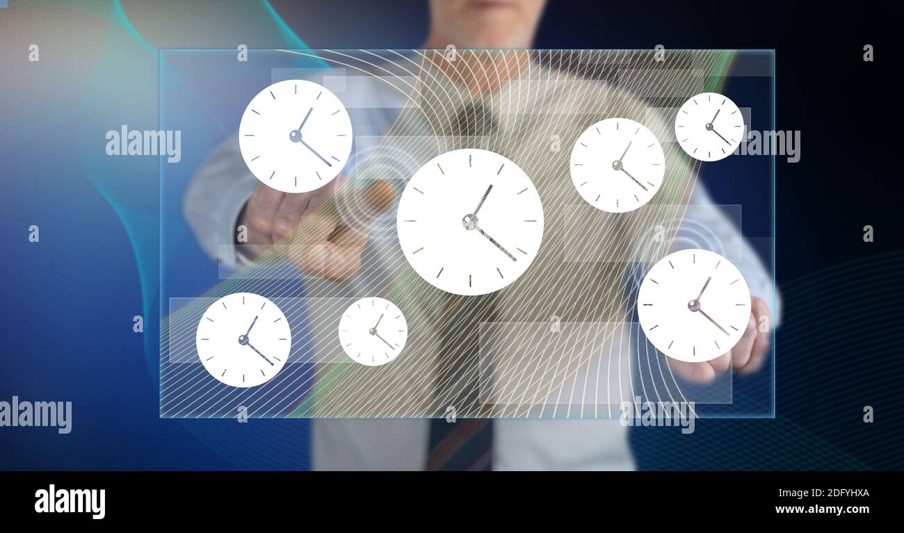 Man touching a time management concept on a touch screen with his ...