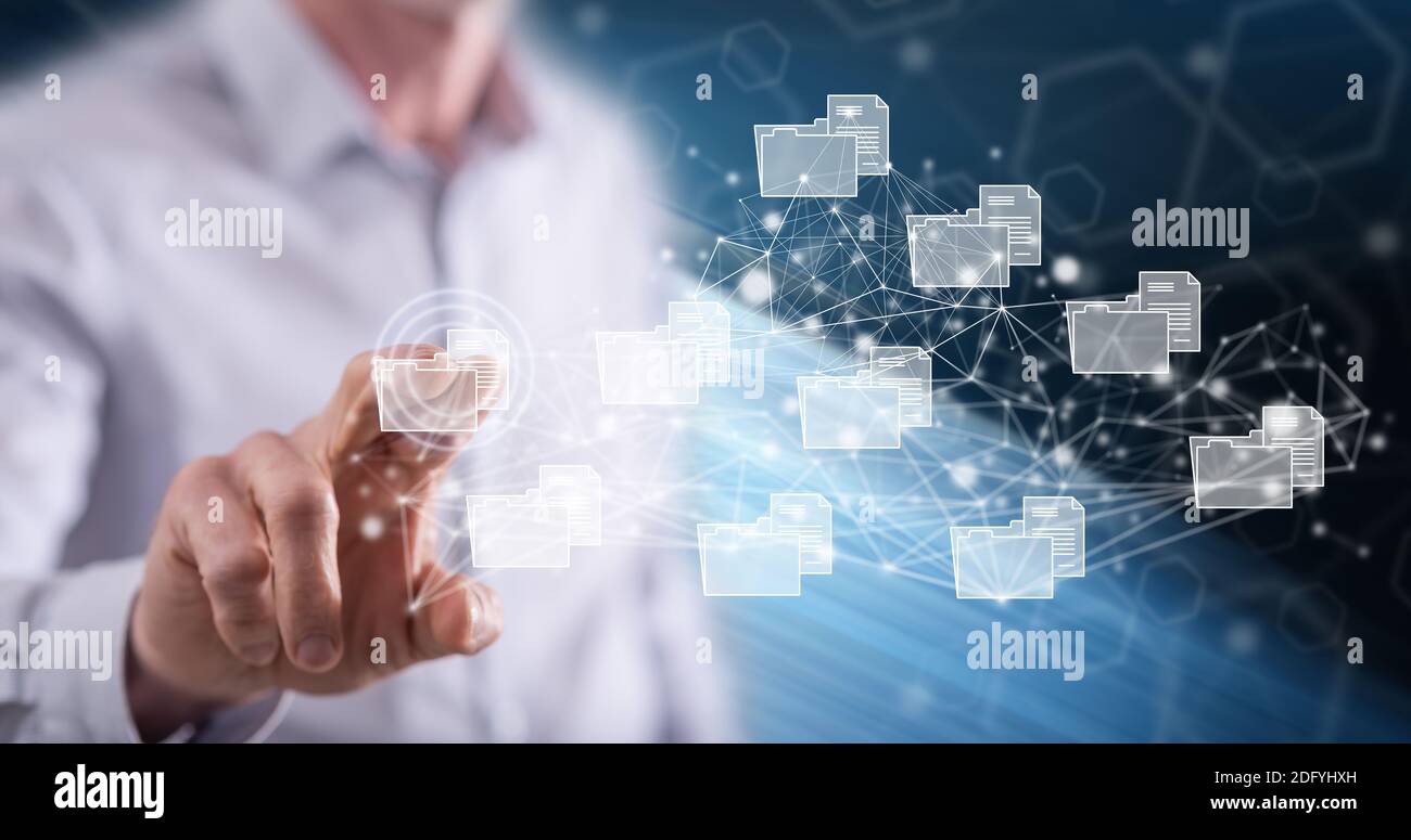 Man touching a data connection concept on a touch screen with his ...