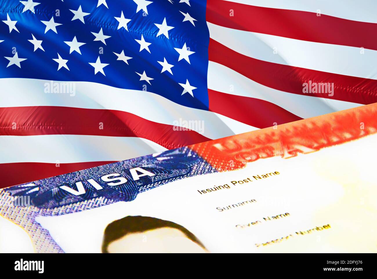 USA immigration document close up. Passport visa on USA flag. USA ...