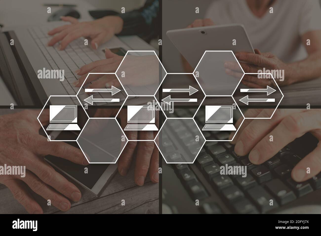 Data transfer concept illustrated by pictures on background Stock Photo ...