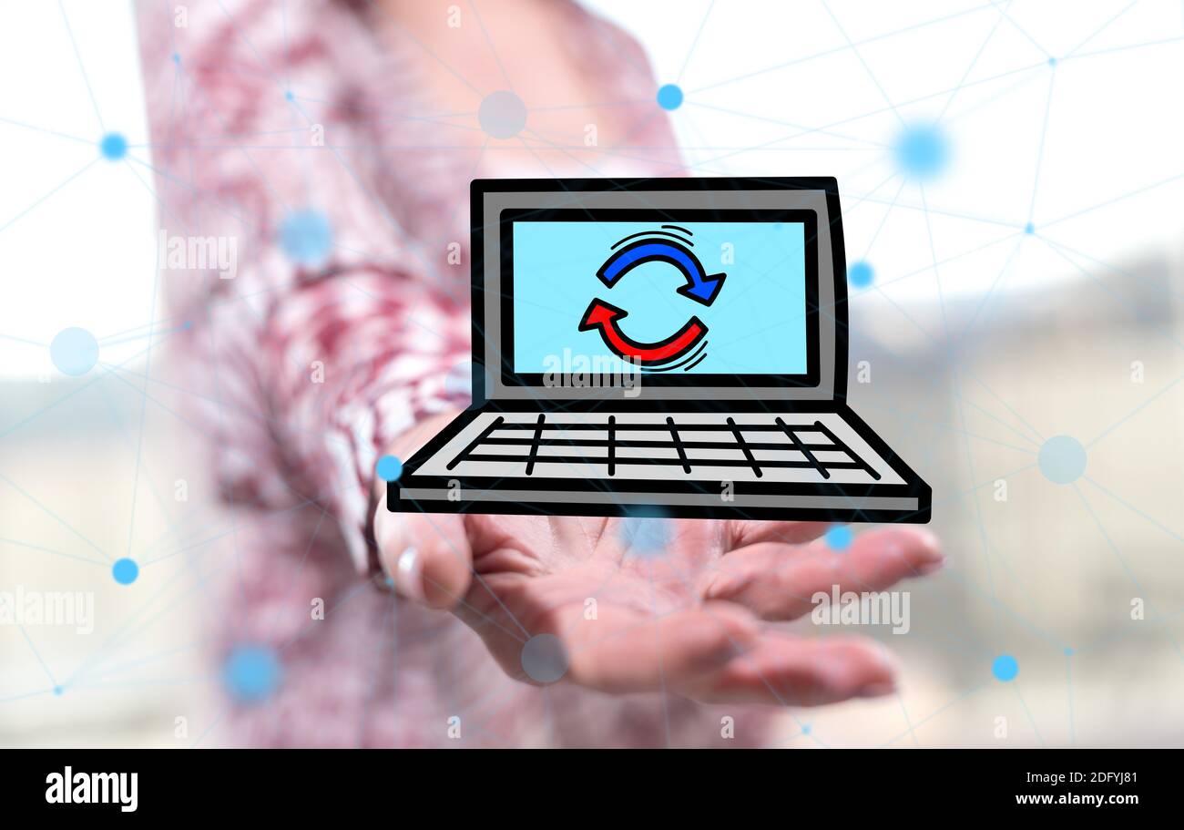 Upgrade concept above the hand of a woman in background Stock Photo - Alamy