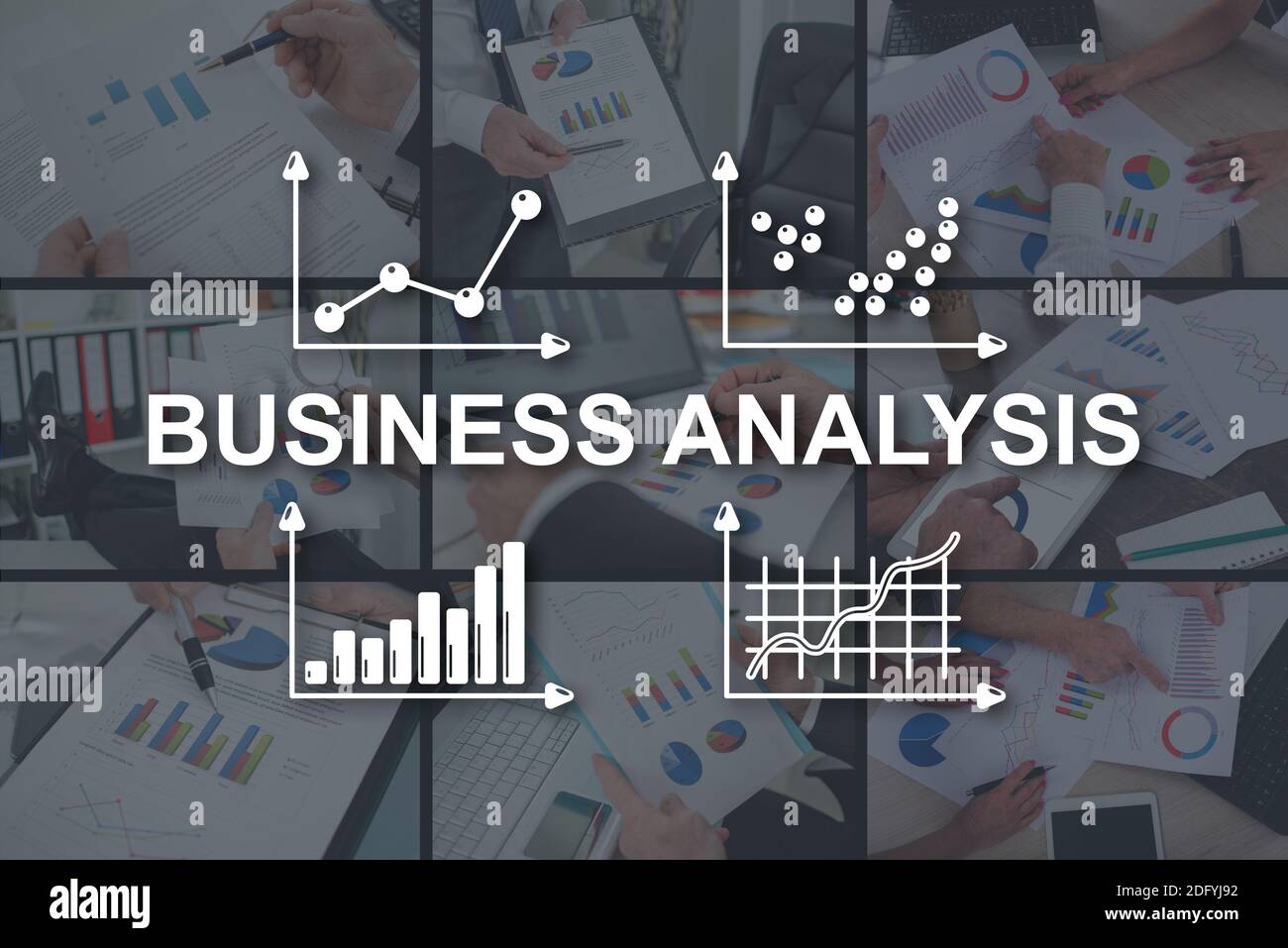 Business analysis concept illustrated by pictures on background Stock ...