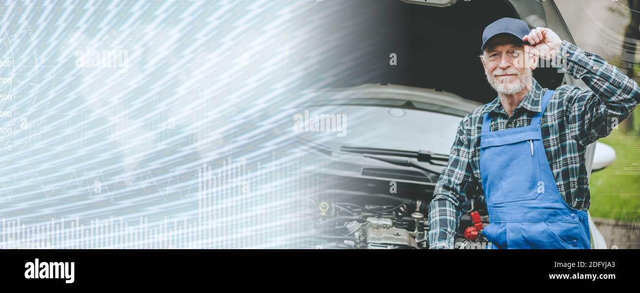 Portrait of senior car mechanic; panoramic banner Stock Photo - Alamy