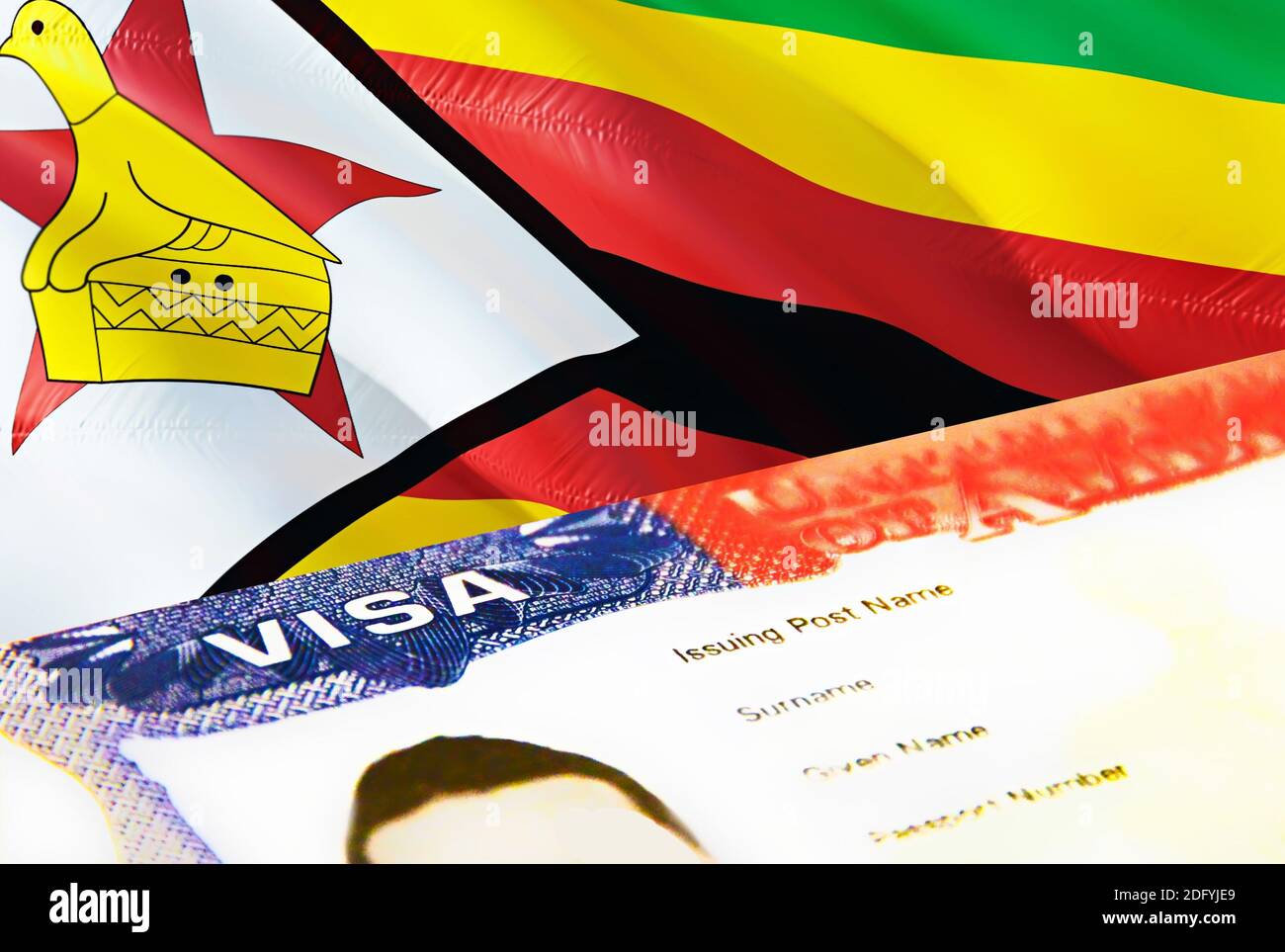 Zimbabwe immigration document close up. Passport visa on Zimbabwe flag ...