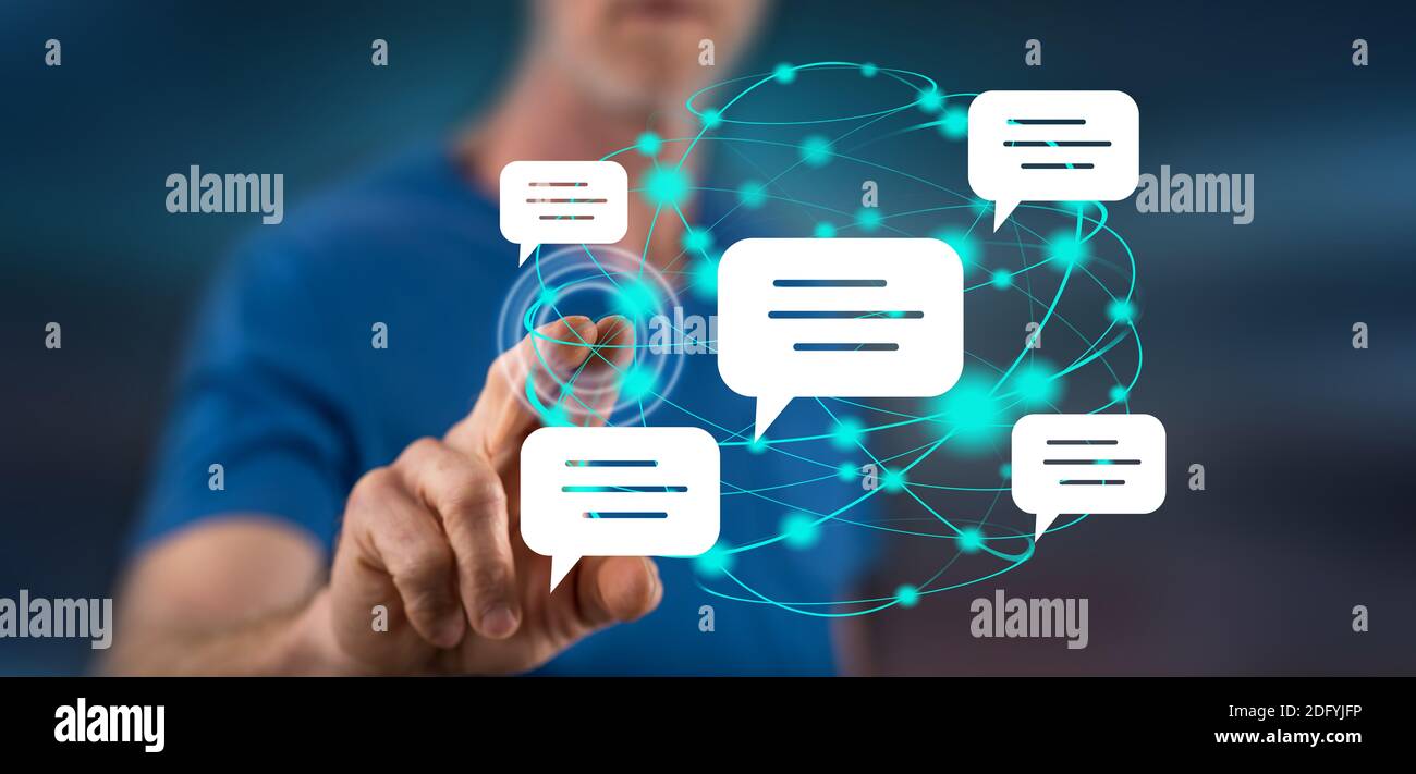 Man touching a global communication concept on a touch screen with his ...