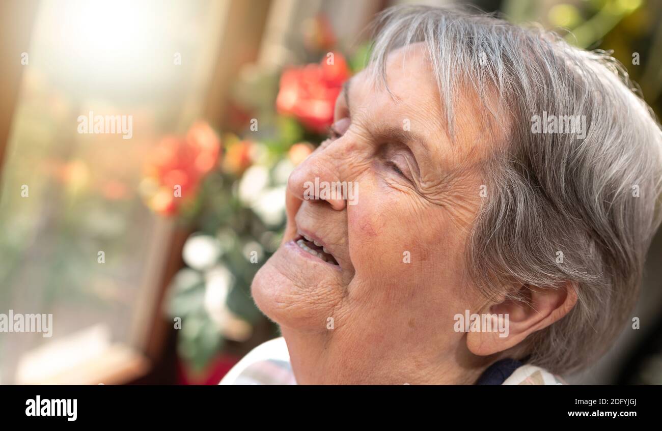 Portrait of elderly woman looking out the window and smiling Stock ...