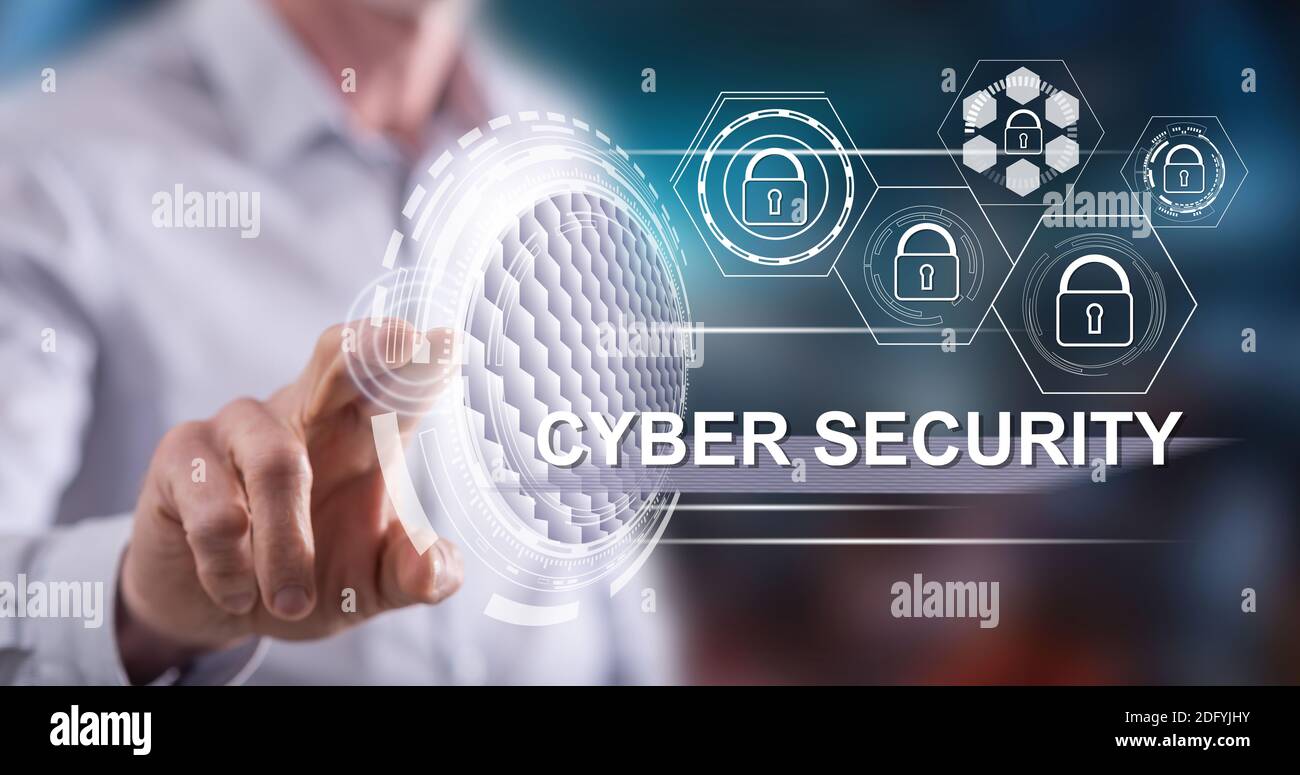 Man touching a cyber security concept on a touch screen with his finger ...