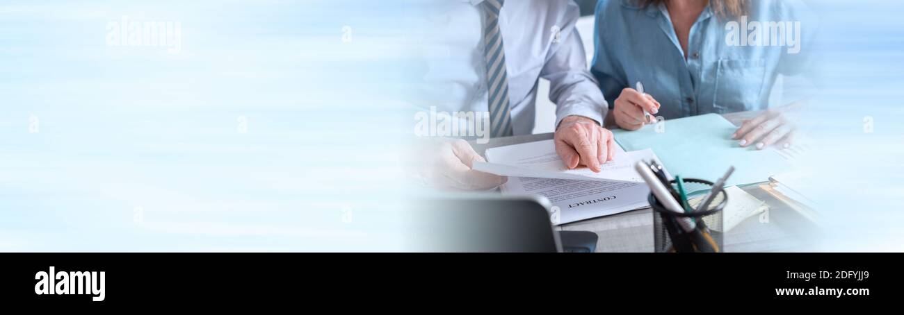 Two business people working together in office. panoramic banner Stock ...
