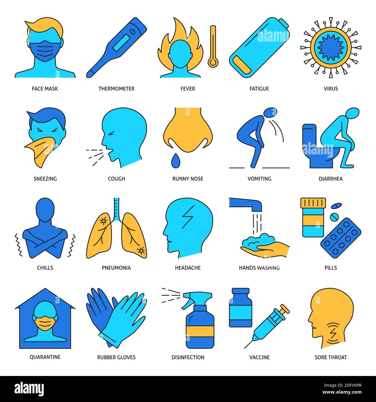 Flu symptoms and treatment icon set in colored line style. Influenza ...