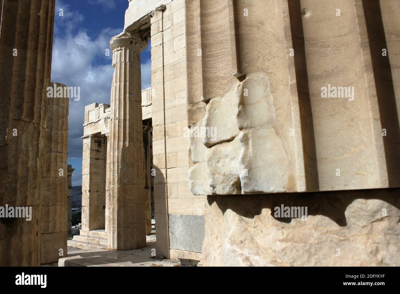 The archaeological site of the Acropolis, view of columns of Propylaia ...