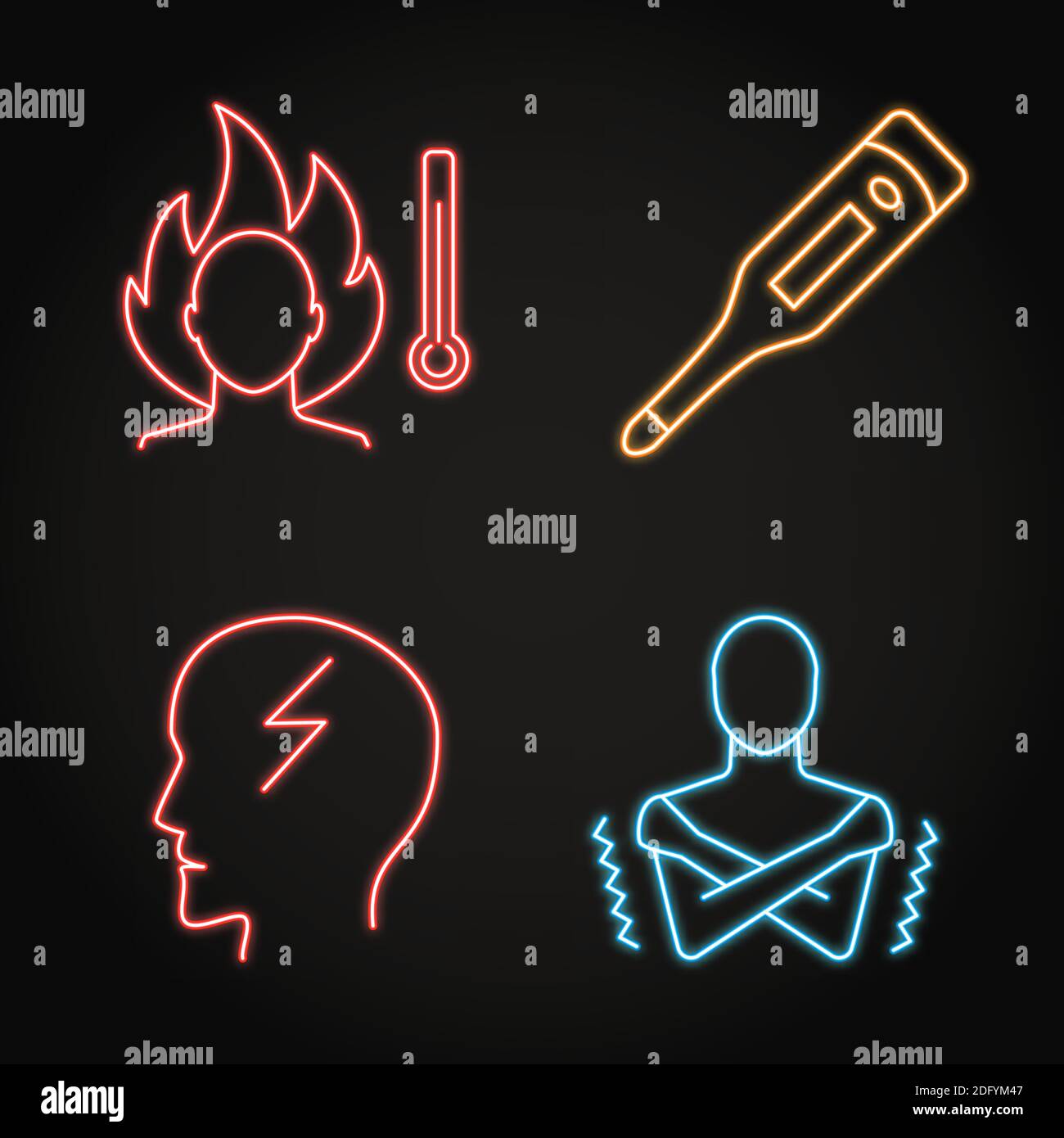 Neon high temperature icon set in line style. Fever symptoms collection ...