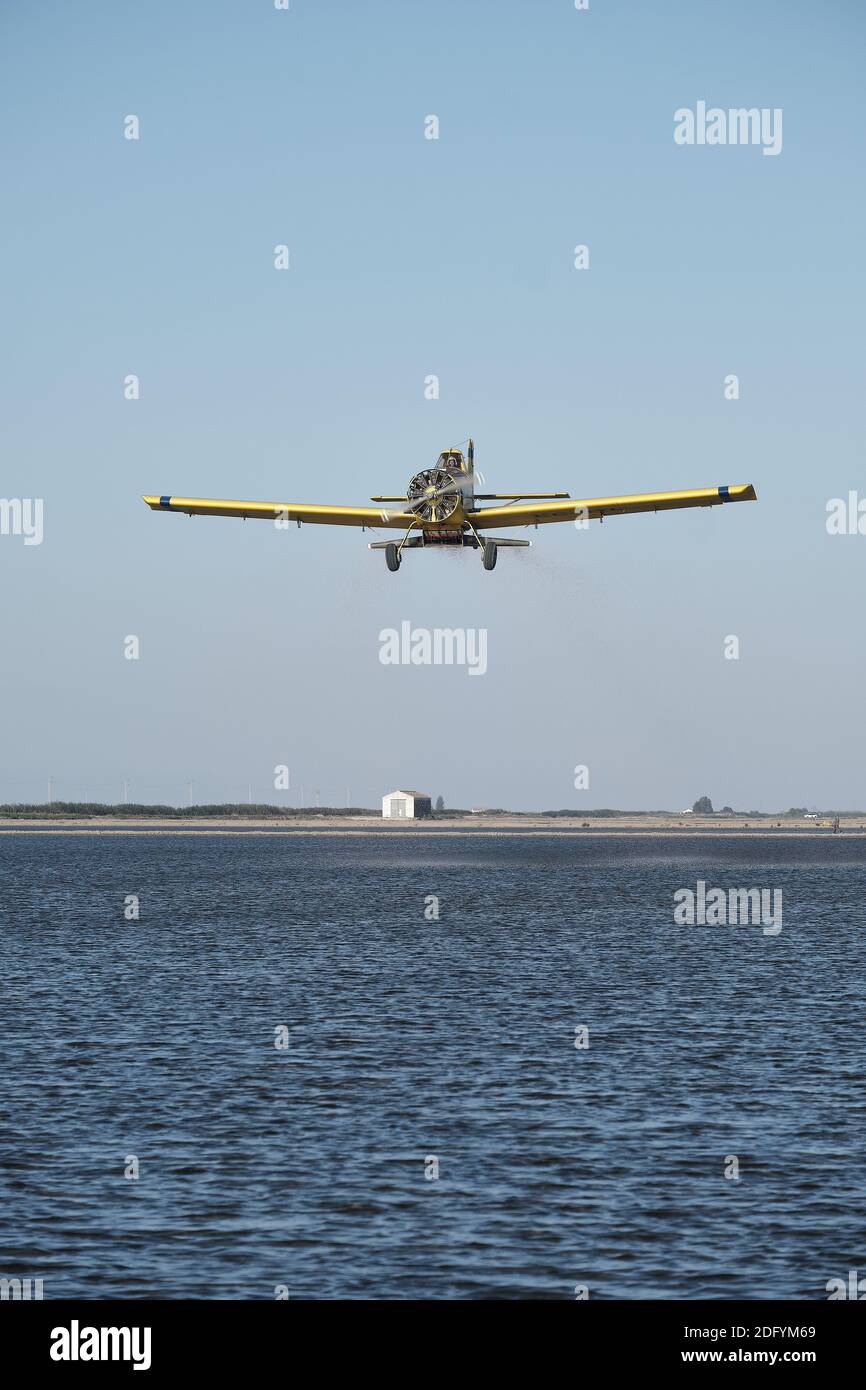 A vertical shot of a vintage single-engine aircraft with a propeller ...