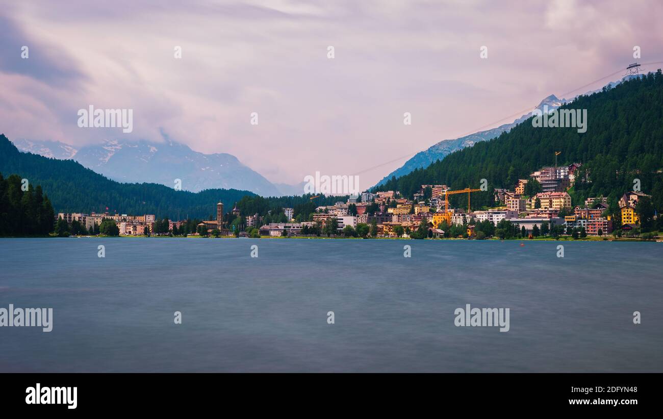 St. Moritz with lake called St. Moritzsee and Swiss Alps in Engadin ...