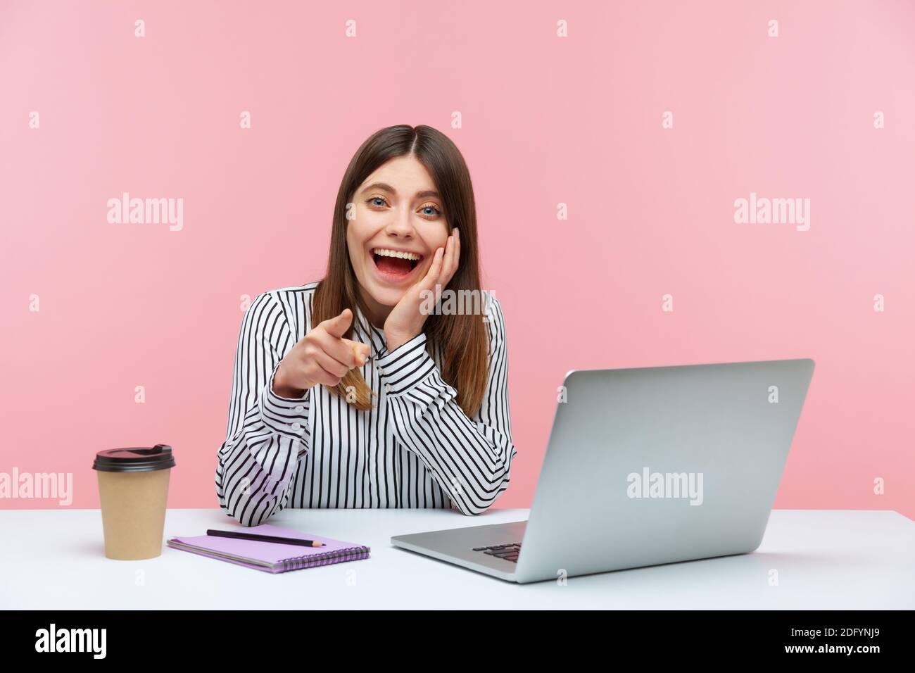 Hey, you are awesome! Positive woman office worker in striped shirt ...