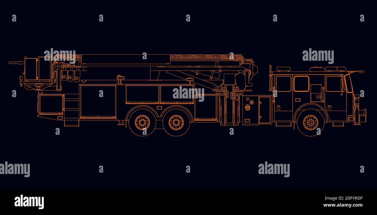 Outline of a detailed fire engine from orange lines on a dark ...