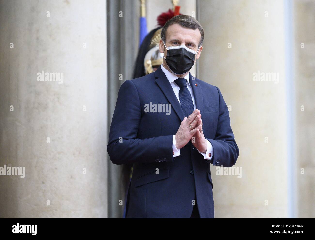 French President Emmanuel Macron wearing protective mask at the Elysee ...