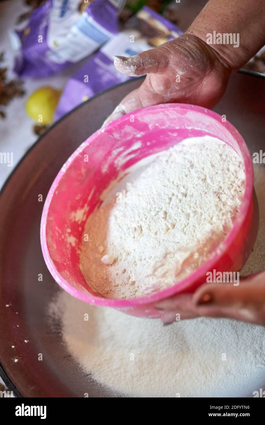 Sifting flour with a sieve closeup in the kitchen Stock Photo - Alamy